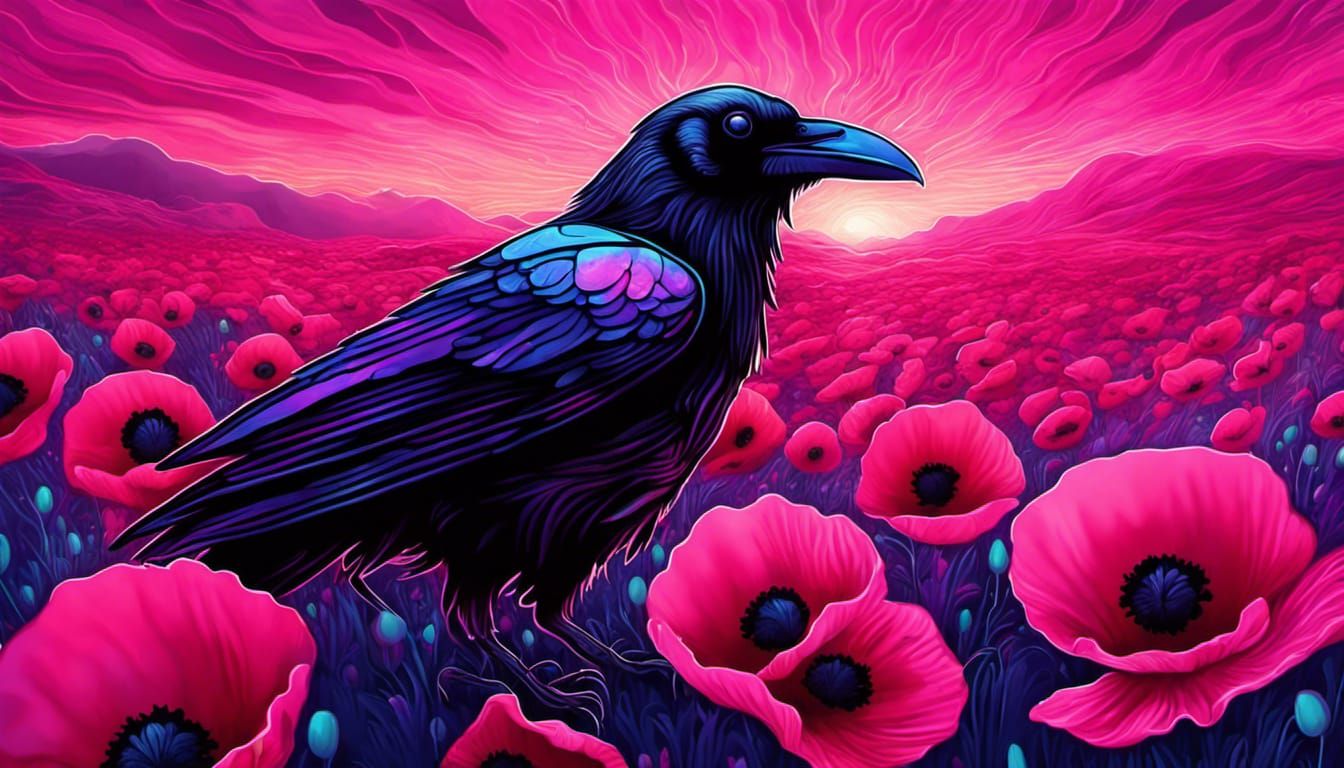 Pink Raven in Poppies - AI Generated Artwork - NightCafe Creator