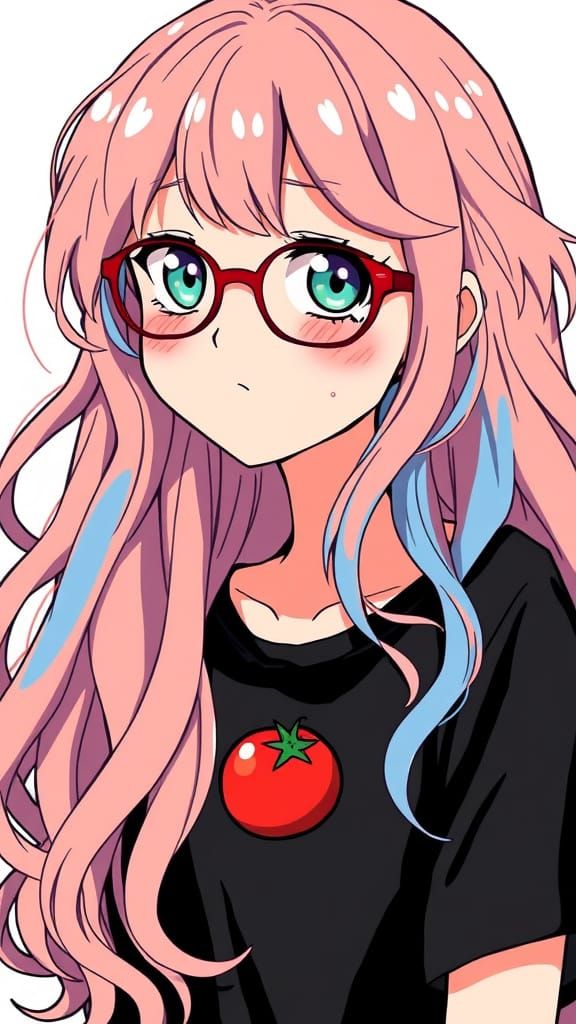 cartoon manga manic pixie dream girl, wavy long dusty-rose and blue ...