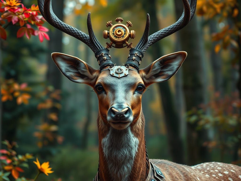 Vibrant Steampunk Deer Amidst Opulent Forest - AI Art