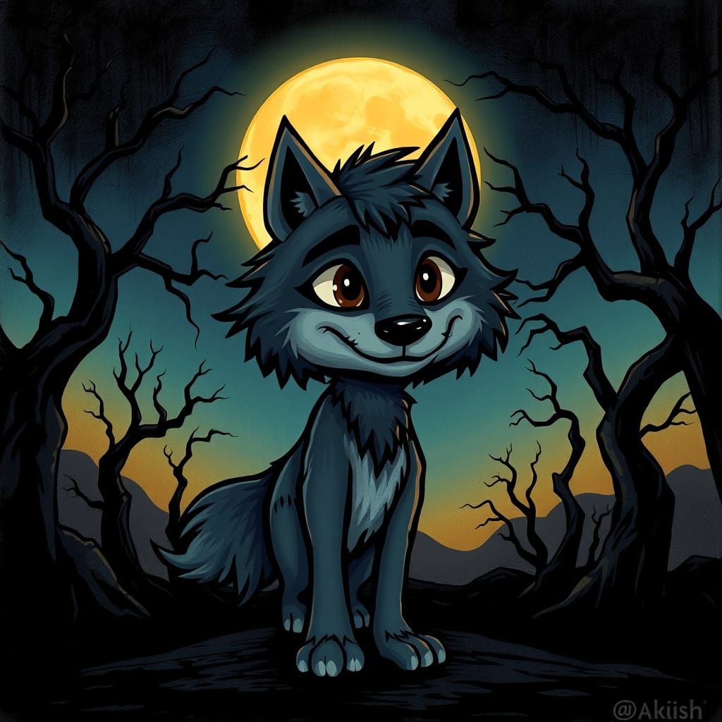 Cartoon Werewolf Pup - Adorable Werewolf in a Haunting Moonl...