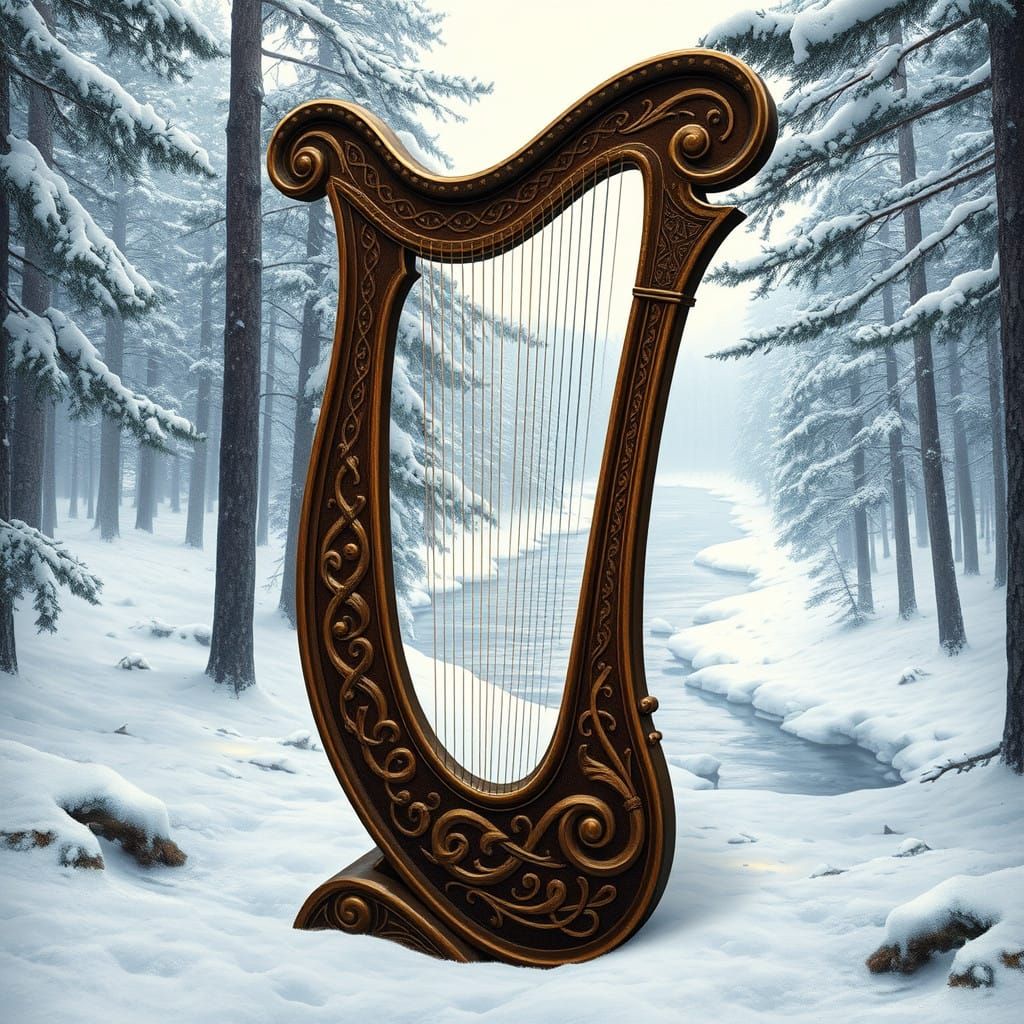 Hyperrealistic Celtic Harp in Enchanted Winter Won... - AI Art