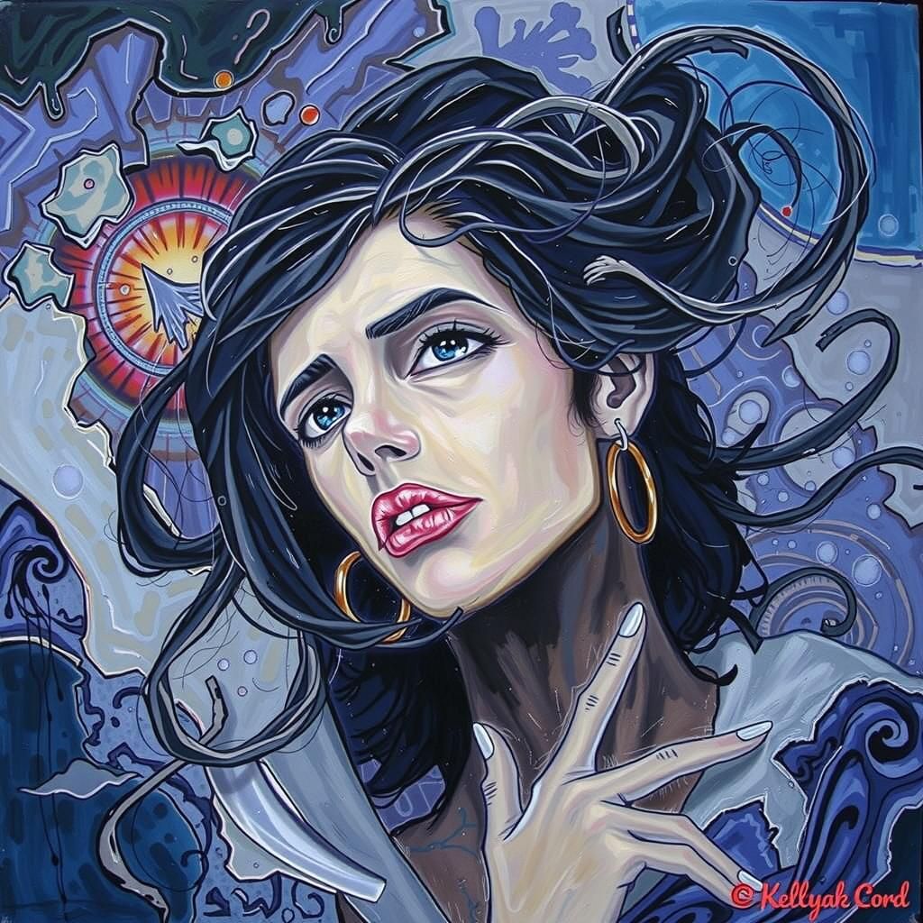 Abstract painting of Medea with knife in her hand she said " oh my god"