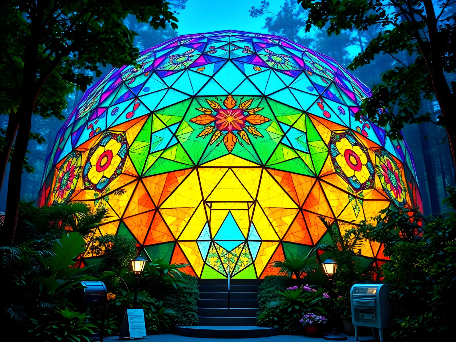A huge Geodesic Domes made of leaded stained glass panels