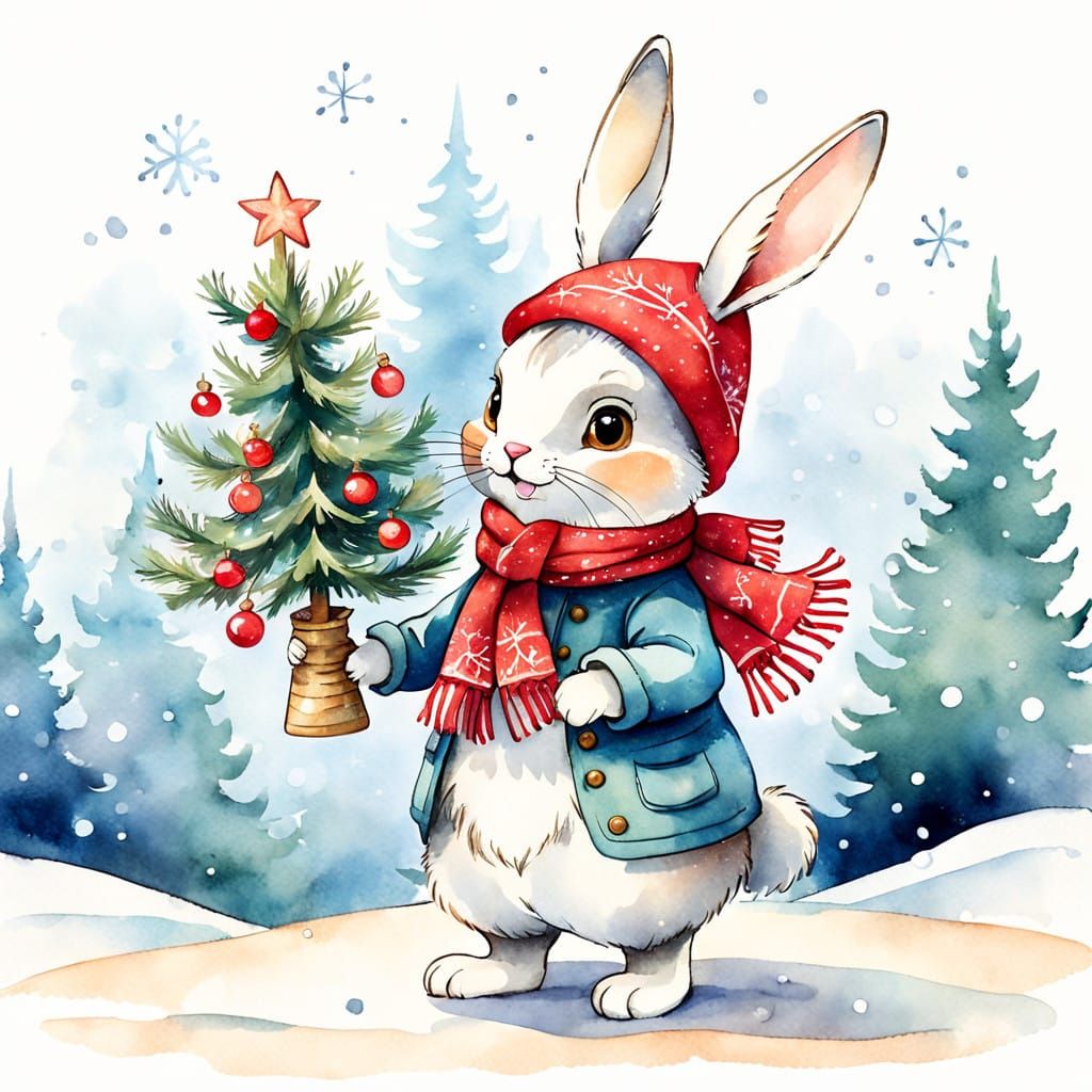 Whimsical Winter Rabbit with Christmas Tree - AI Art
