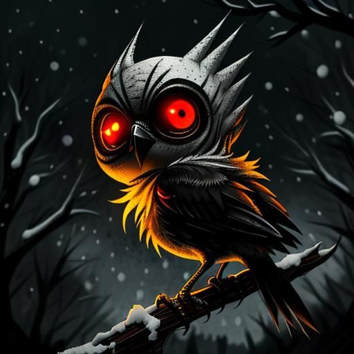 An undead chibi bird with glowing eyes, holding a weapon, in a winter ...