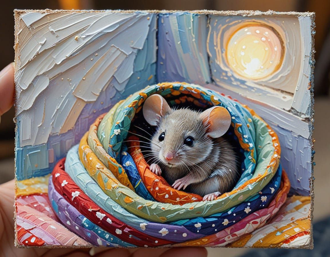 Nesting Mouse - Whimsical Baby Mouse in Neo-Impressionist Qu...