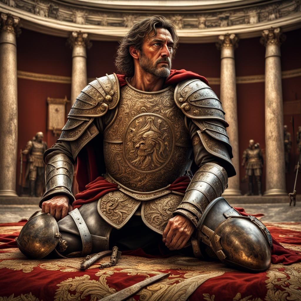 Alejandro Magno, a mix of rage and regret, Ancient Macedonia, royal battle-worn armor, lavish ...