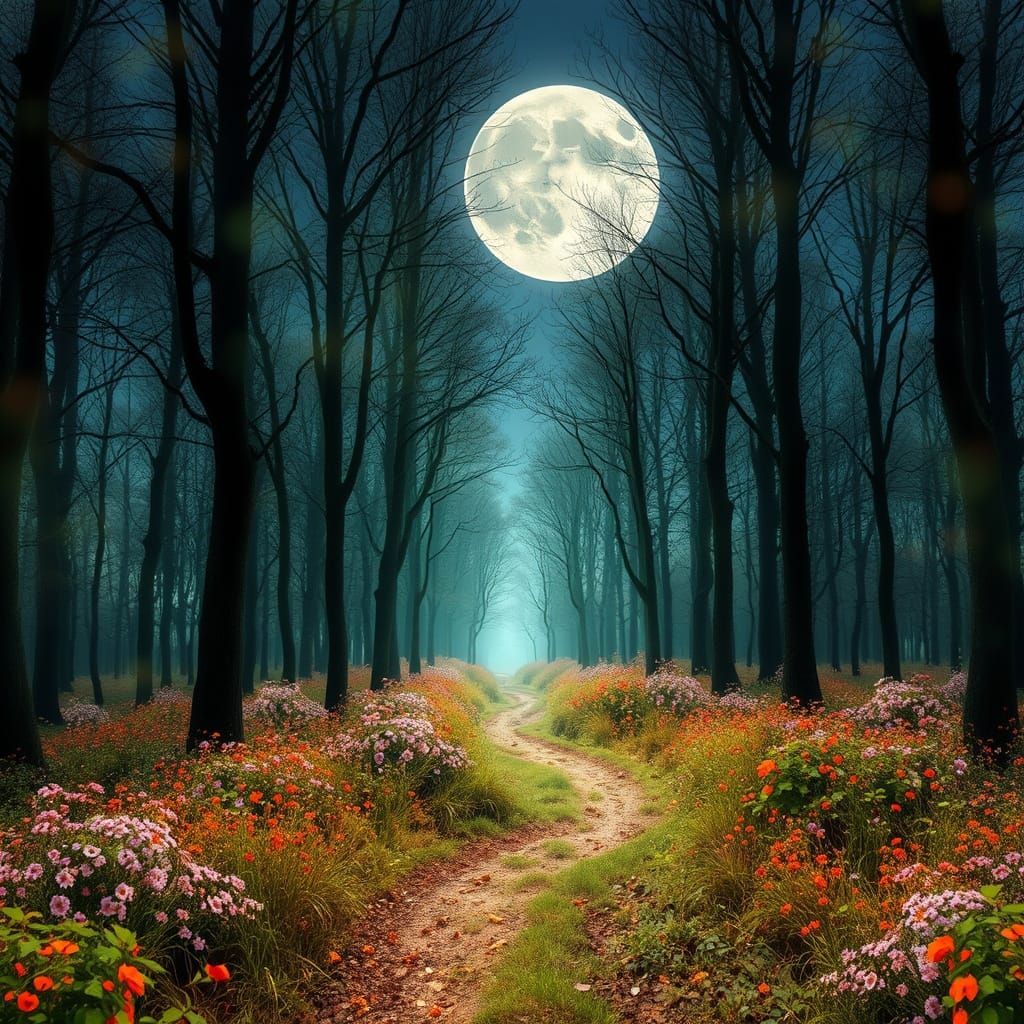 Moonlit Forest Path in Dreamlike Abstraction - AI Art