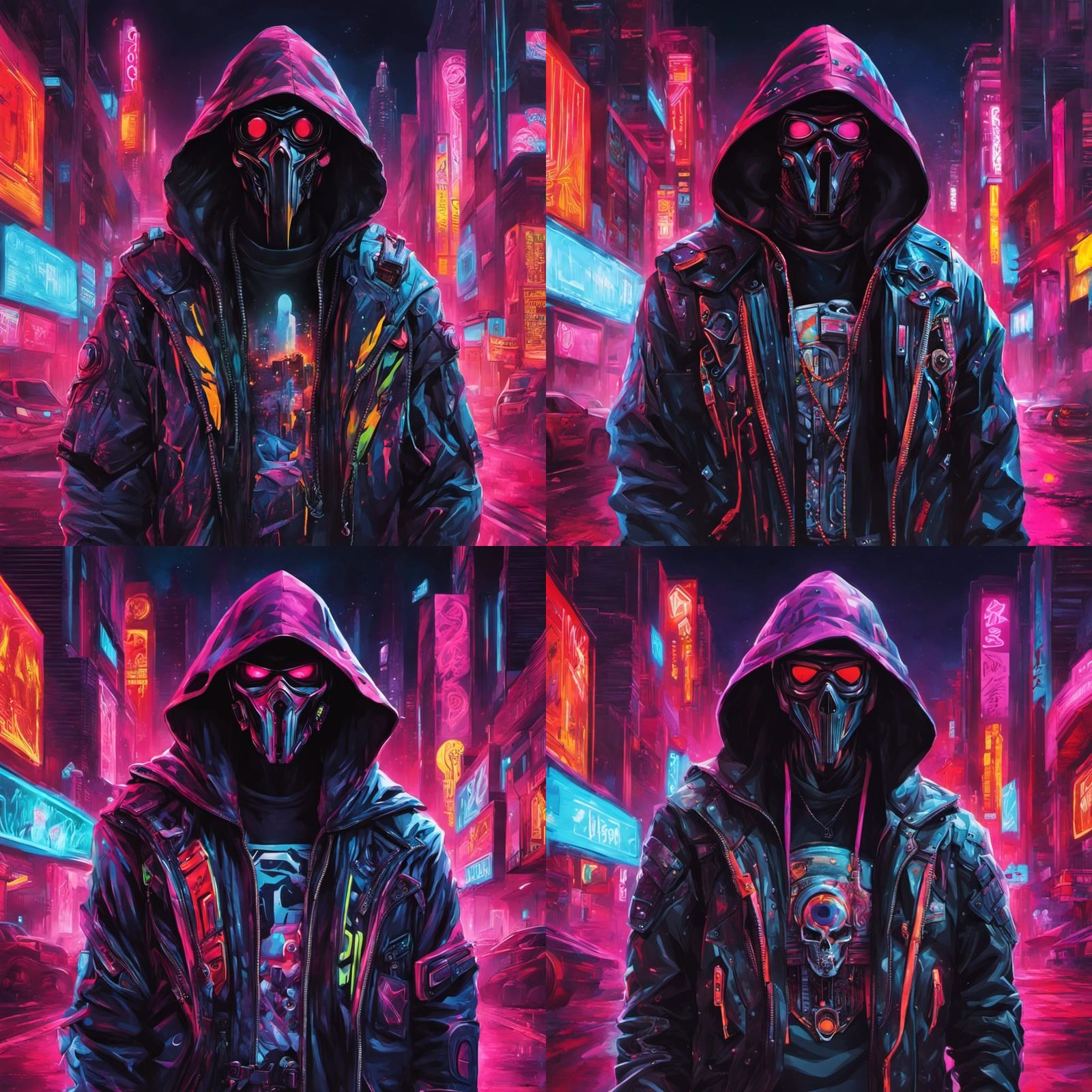 Portrait of a cyborg reaper wearing futuristic streetwear in a neon ...