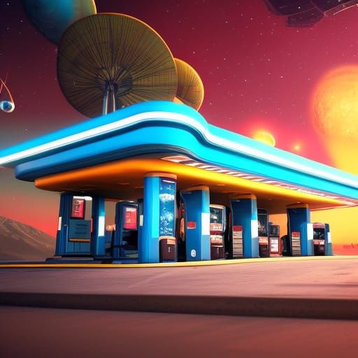 Retro gas station in space - AI Generated Artwork - NightCafe Creator