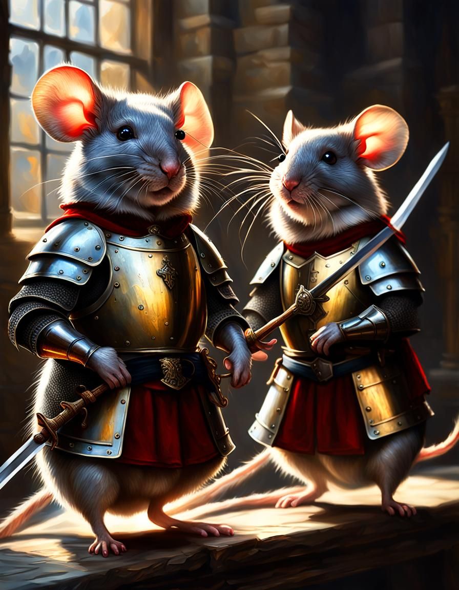 Mice wearing knight armor with a red sash on the hip and sword in sword ...