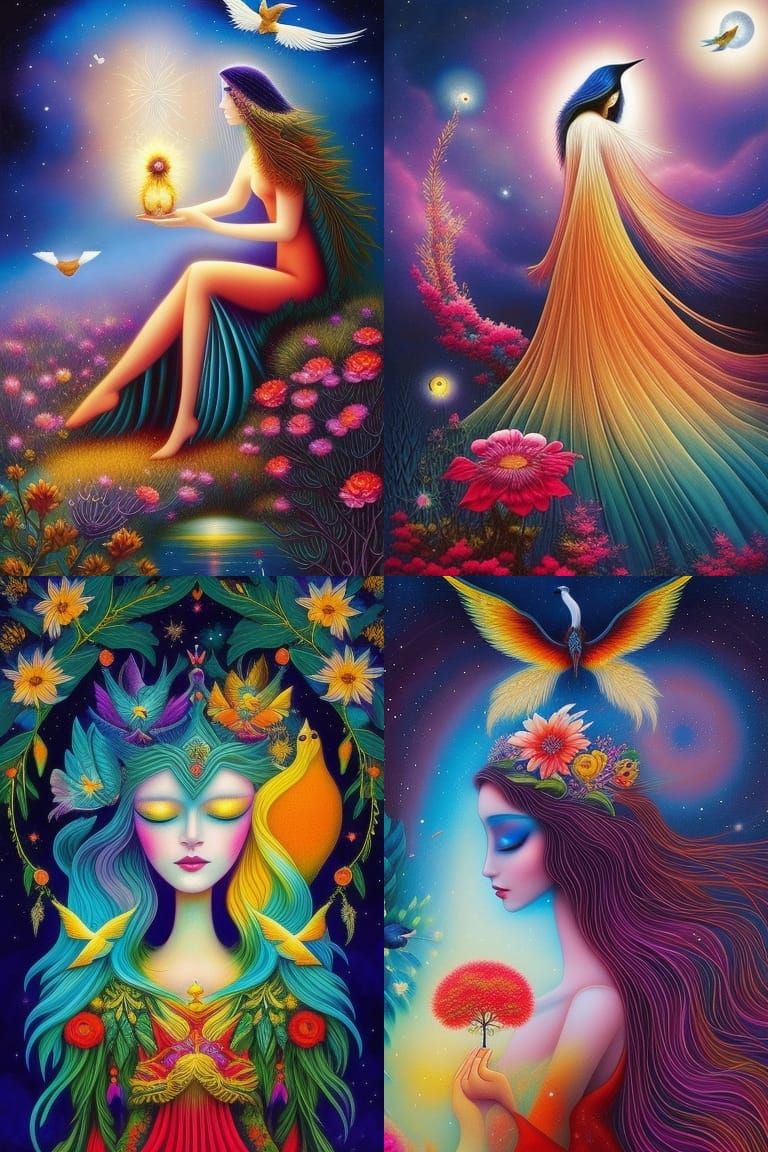 celestial women with birds, flowers, fairytale, magic realism, Coloring ...