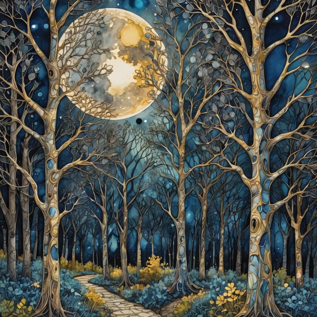 Moonlit Forest Path in Vibrant Blue and Gray - AI Art