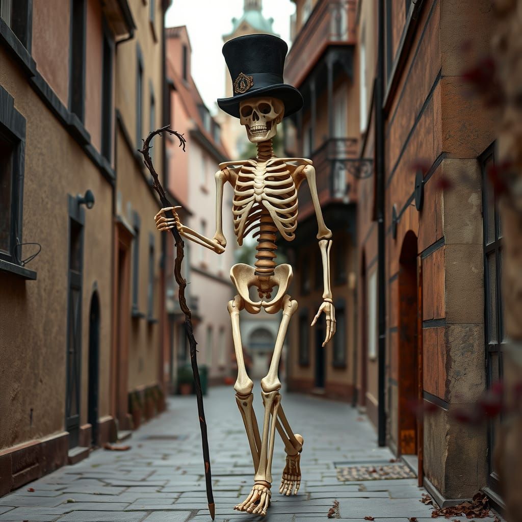 Skeleton Gentleman Walking in European City - AI Art
