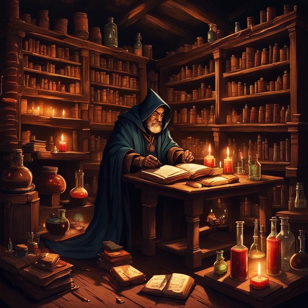 Alchemist's Lab, large room filled with bookshelves and tables, lots of ...