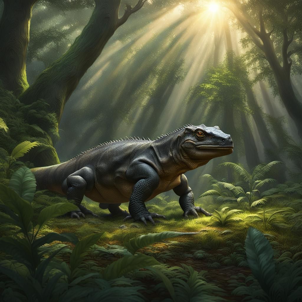 giant megalania lizard, forest clearing, sun rays, low light, light ...