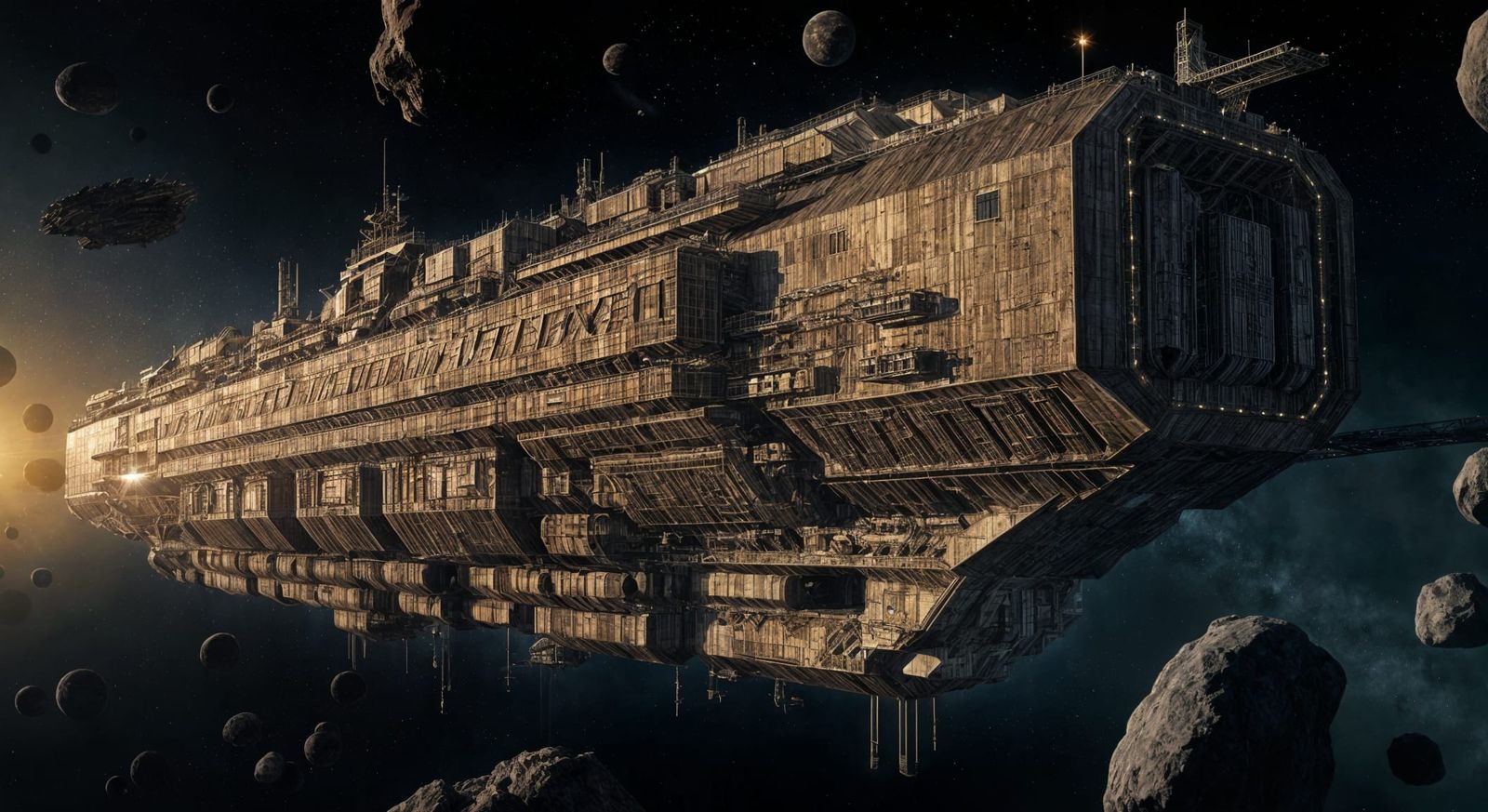 colossal freighter spaceship, its hull a labyrinthine mesh of pipes ...