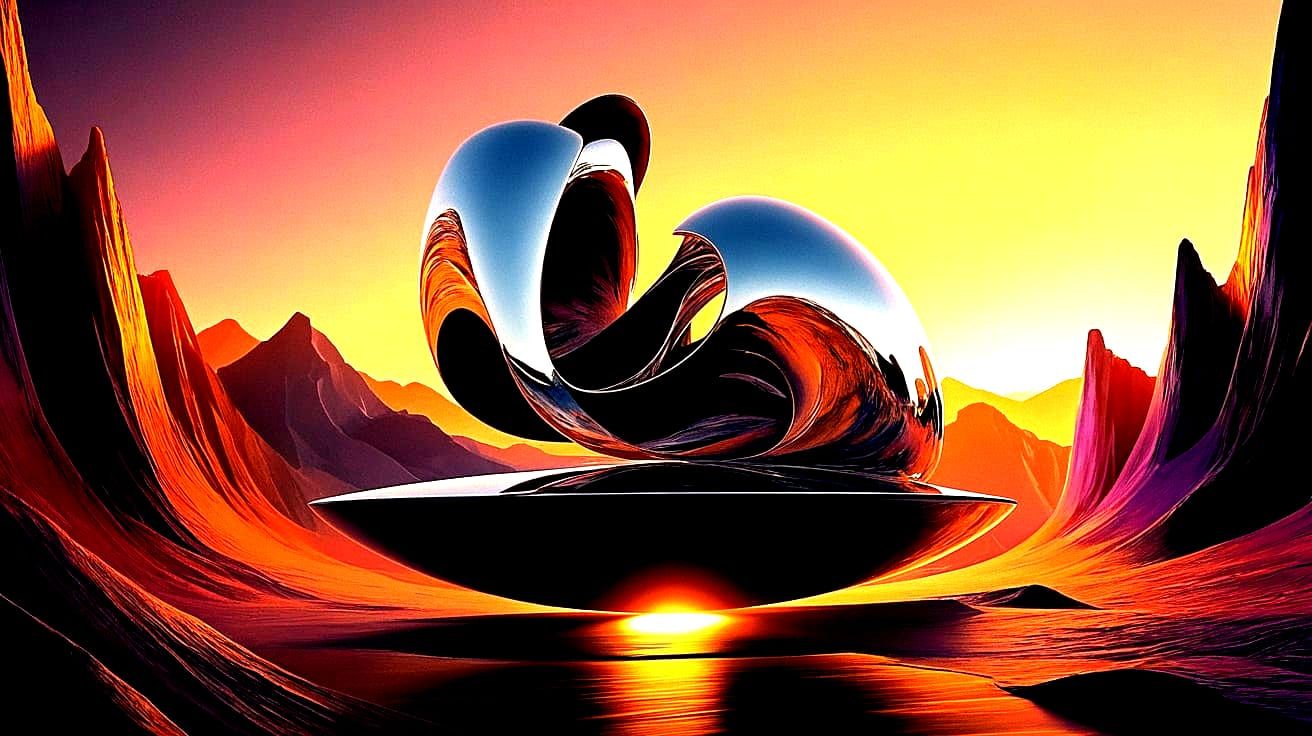 Surreal Chrome Sculpture Reflects Setting Sun Over... - AI Art