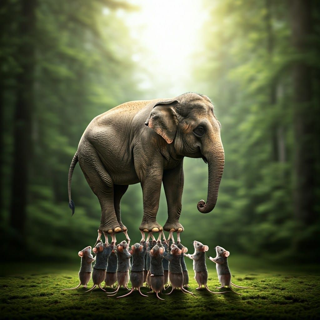 Teamwork - Realistic Photograph of Elephant Balancing on Mic...