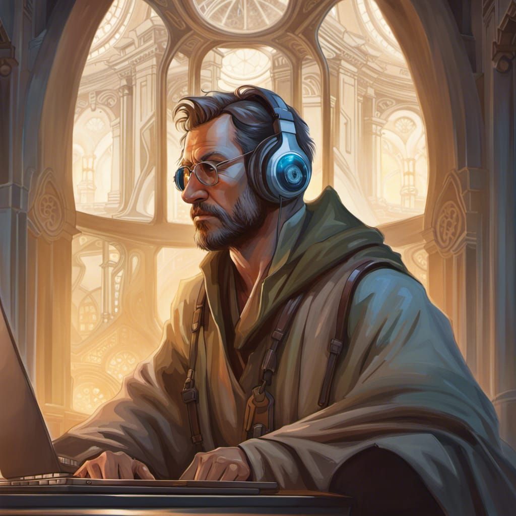 jedi master sitting on the computer with the headset - AI Generated ...