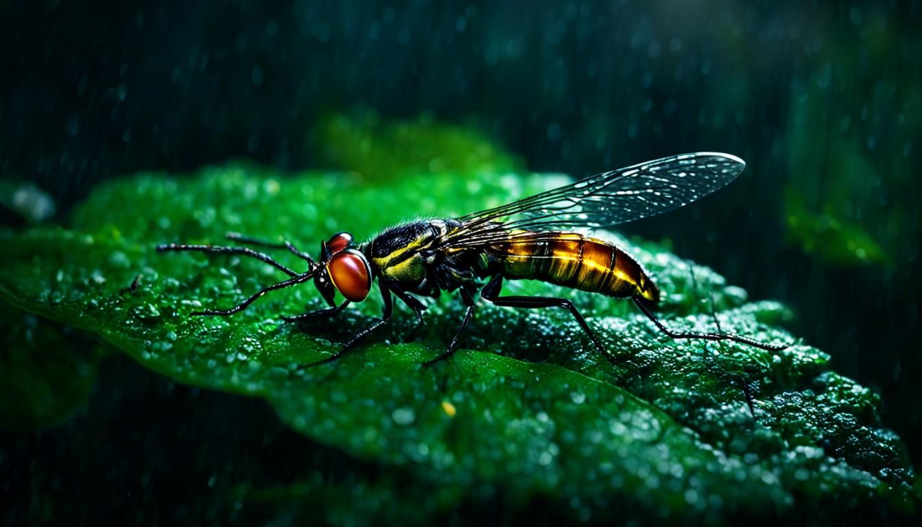 magic firefly perched on a green leaf at night, shining brightly, macro ...