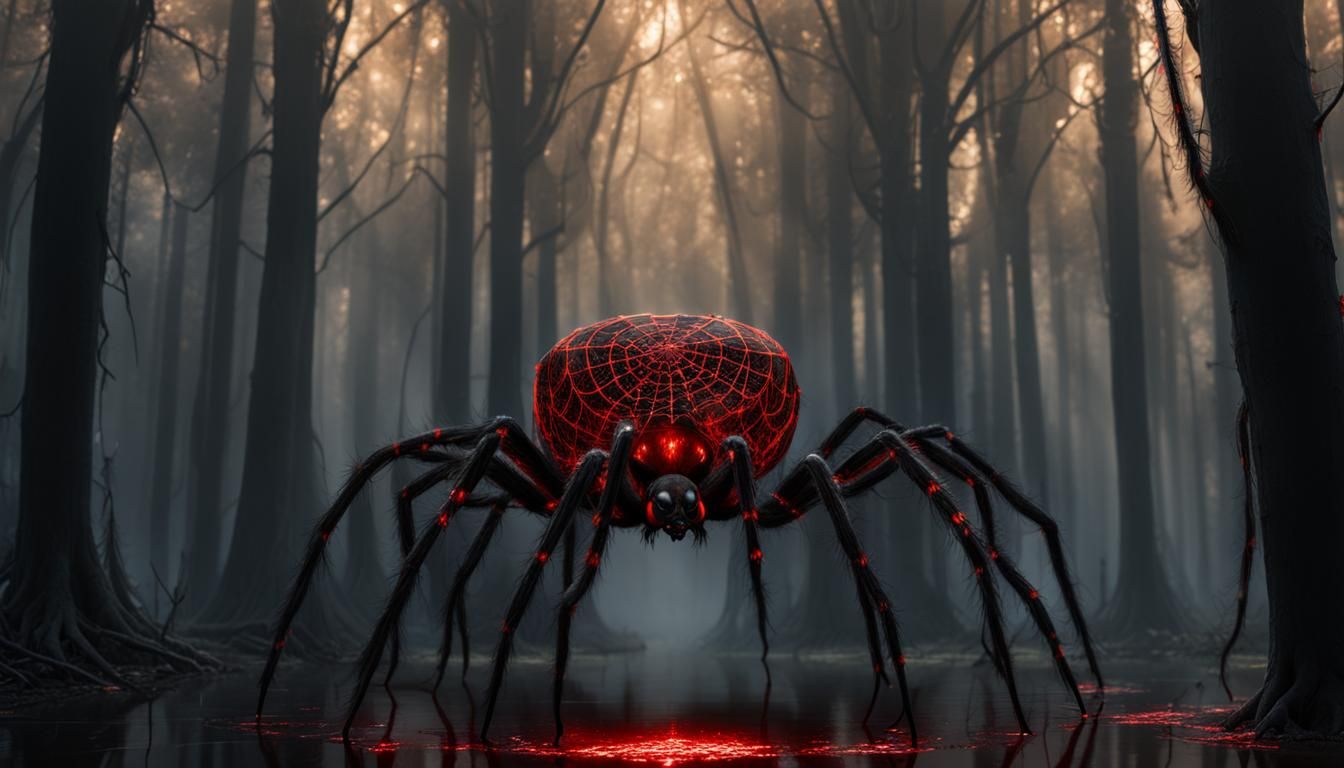 (((masterpiece))), (hundreds of large black and red spiders on the ...