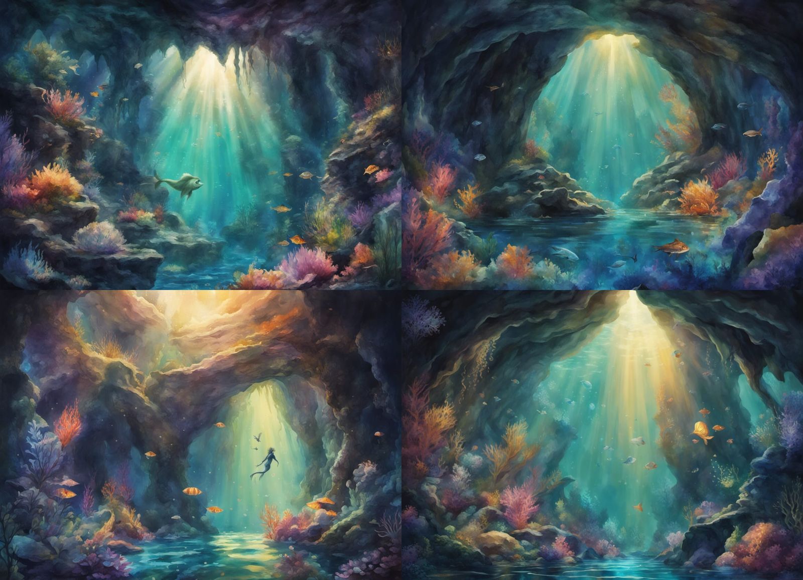 An underwater grotto with merfolk. a masterpiece: detailed: metallic ...
