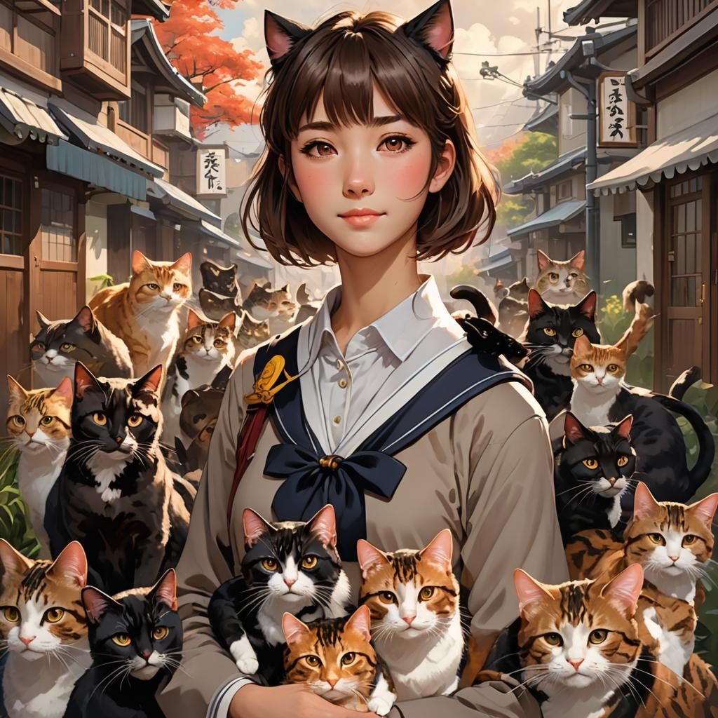 Haru Surrounded by Cats - Studio Ghibli - AI Generated Artwork - NightCafe Creator