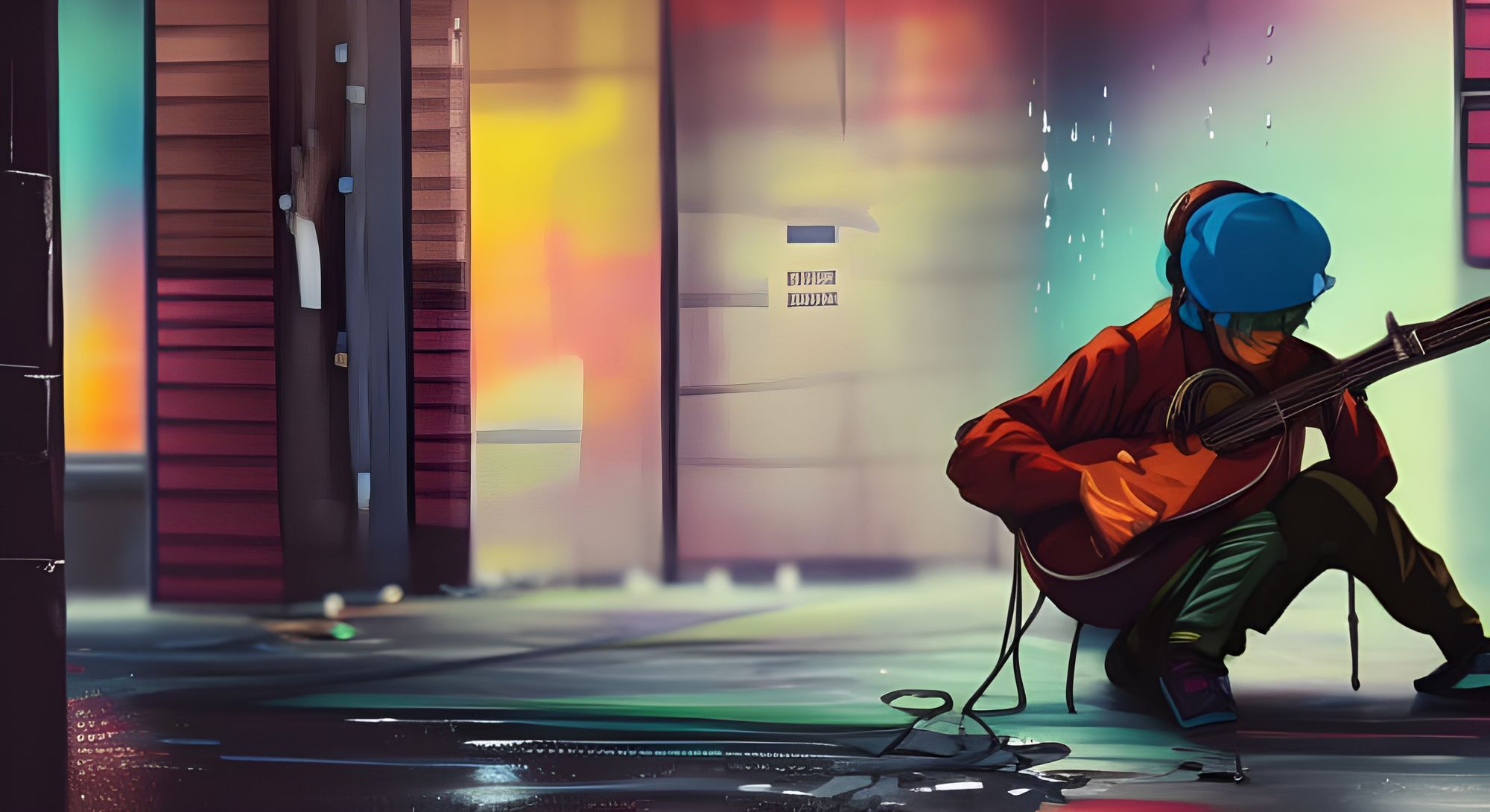 Smiling Happy Street Musician Guitarist Tokyo Streets Anime Manga ...