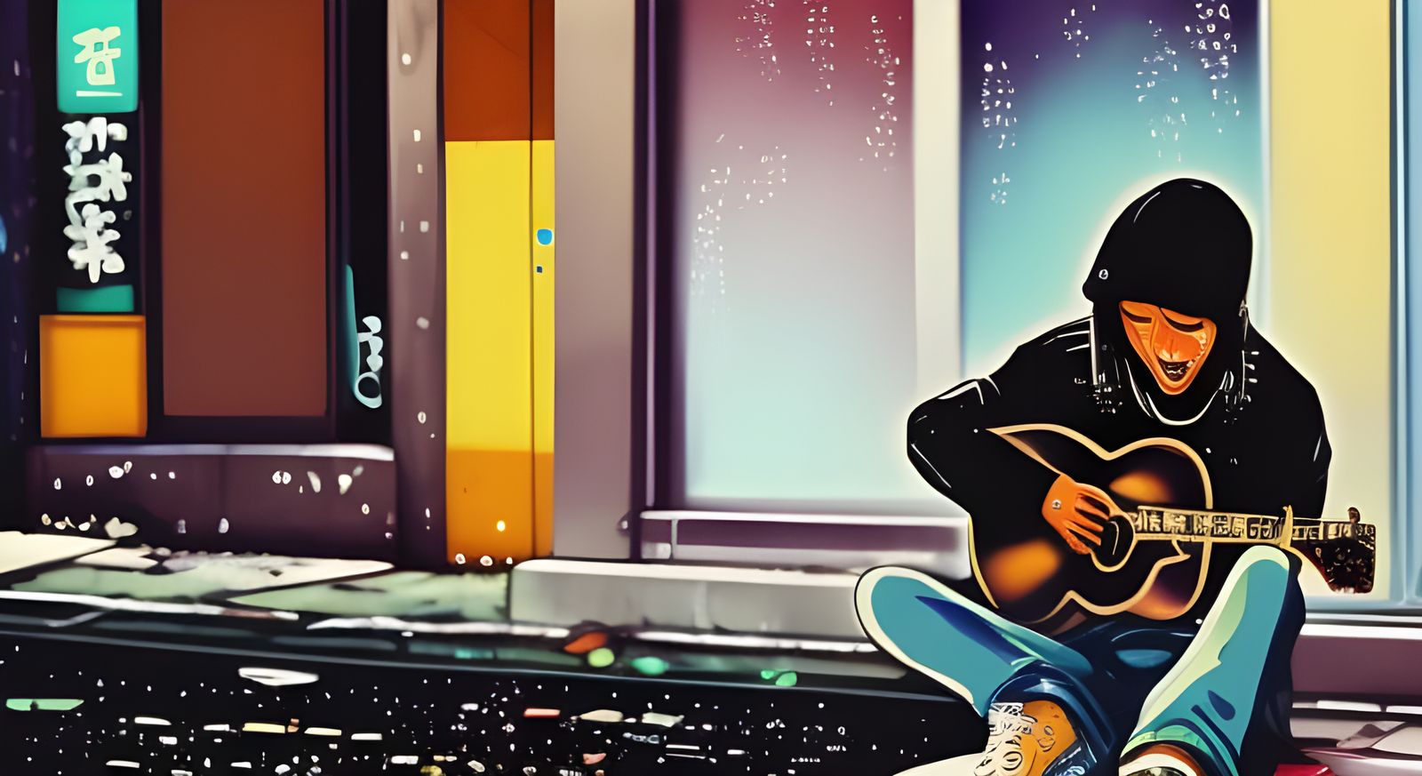 Street Artist Musician Guitarist Tokyo Streets Rocker Rain Drizzling ...