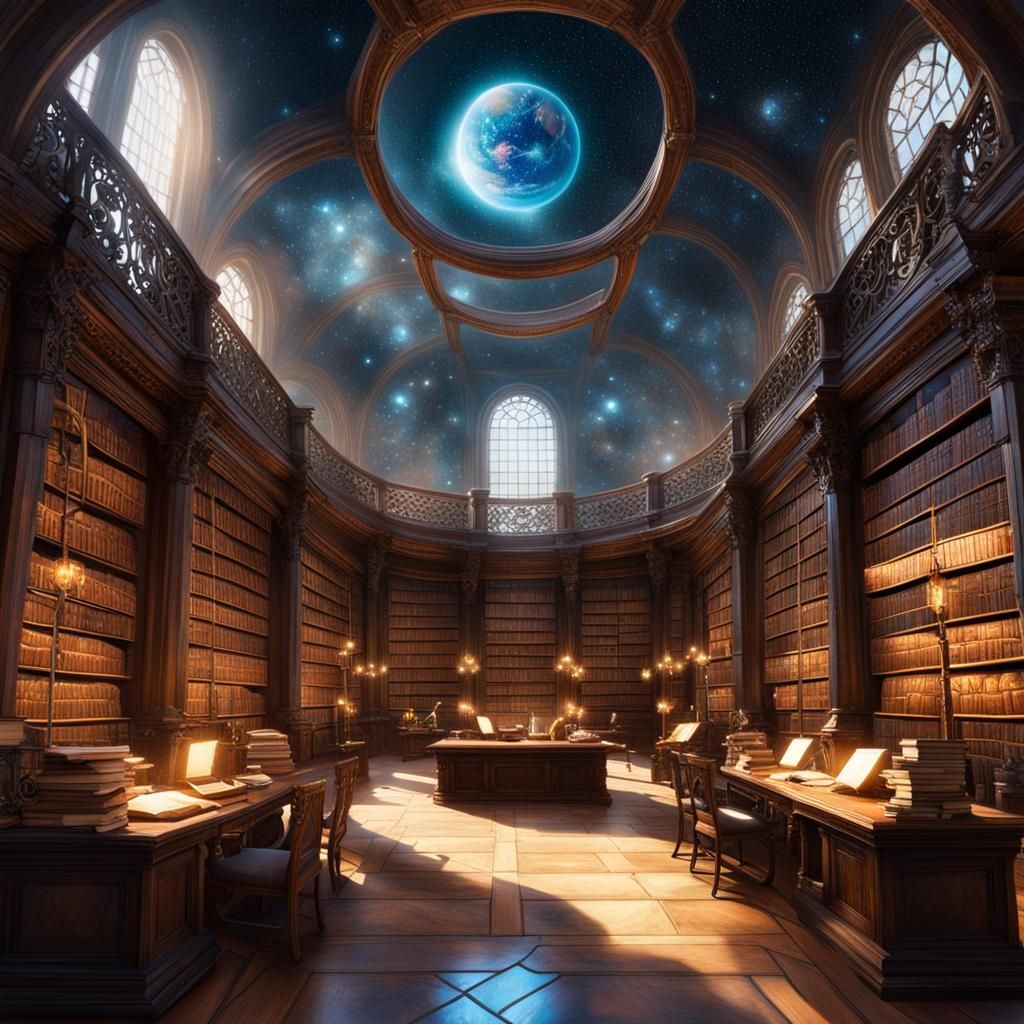 an ancient, sprawling library floating among the clouds. Books with ...