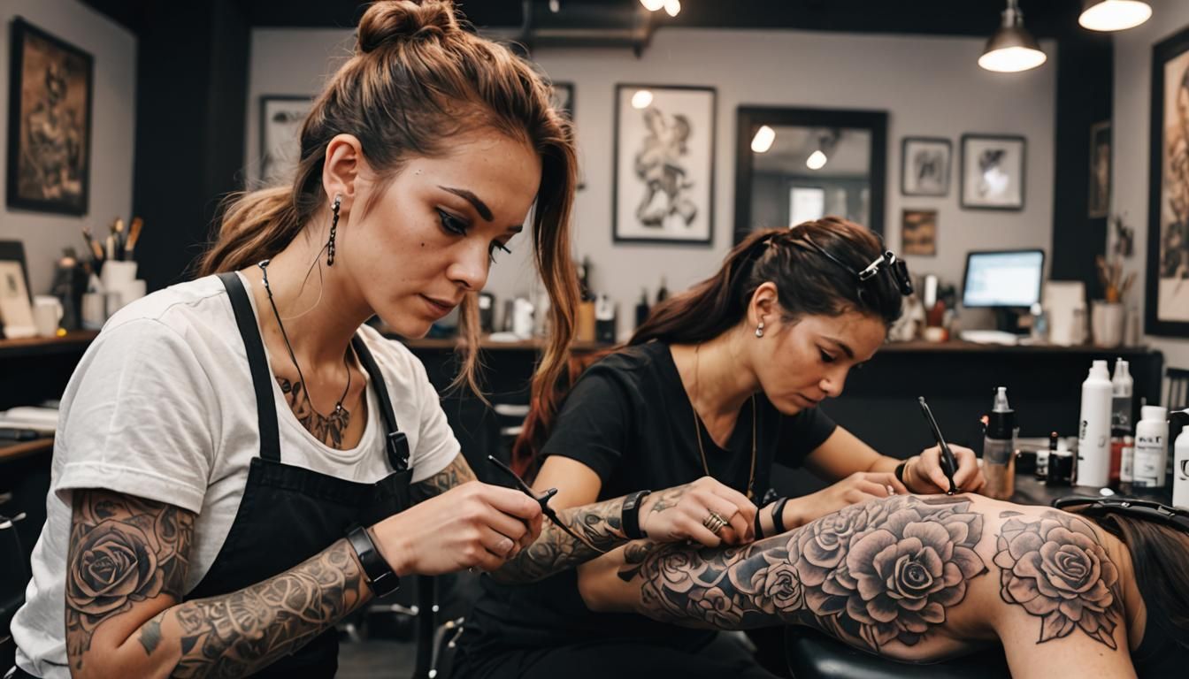 Tattoo artist is creating new tattoo on young woman's body at tattoo ...