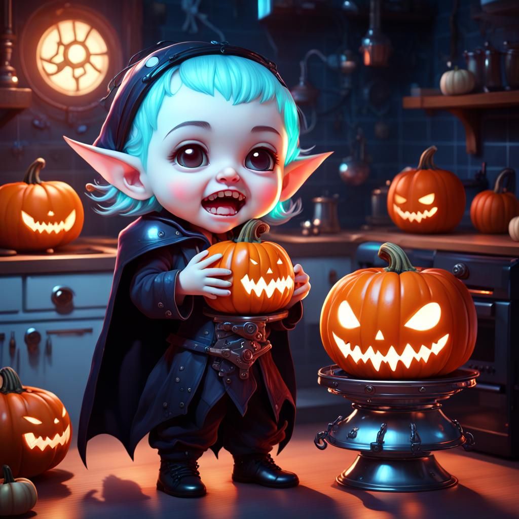 adorable cute Chibi baby Vampire with fangs holding Spooky Kitchen ...