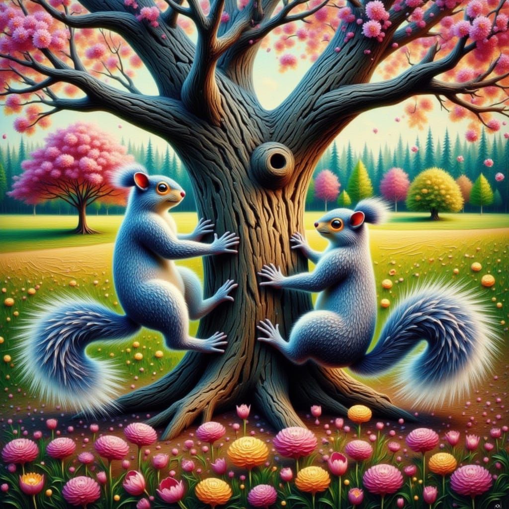 Squirrels At Play - Vibrant Gray Squirrels in Whimsical Neo-...