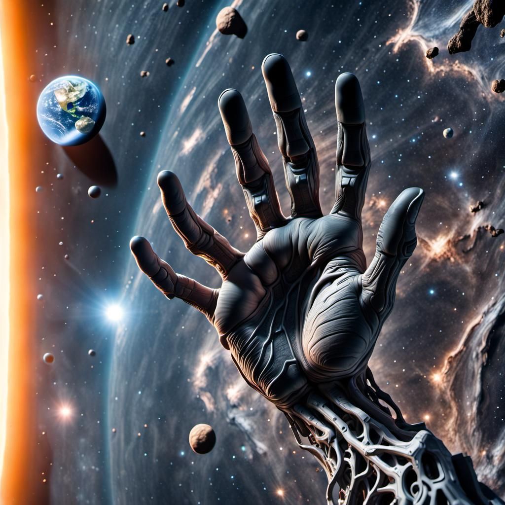 An all-consuming giant hand in outer space. intricate details, HDR ...