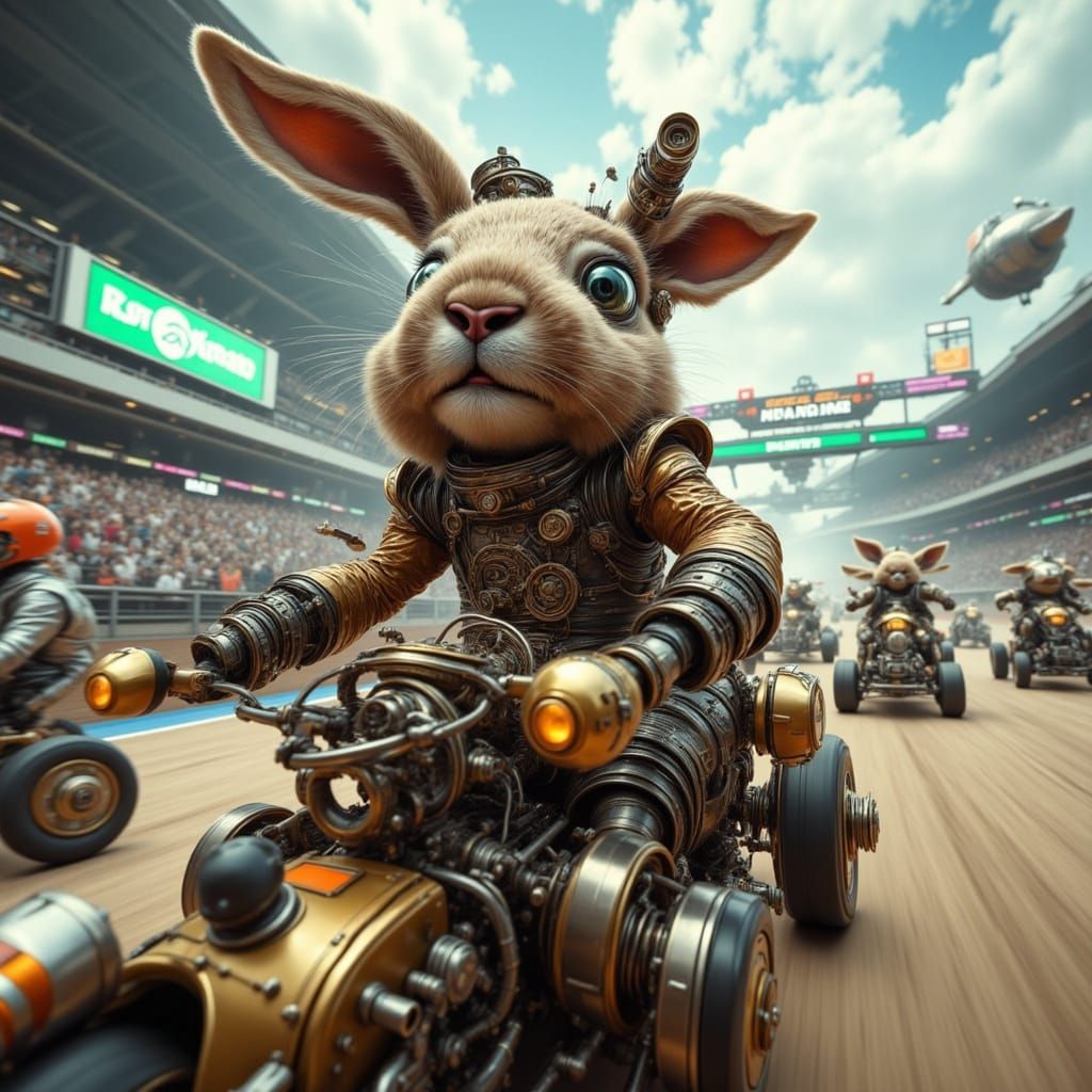image of a giant steampunk funny bunny navigating a steampunk racing ...