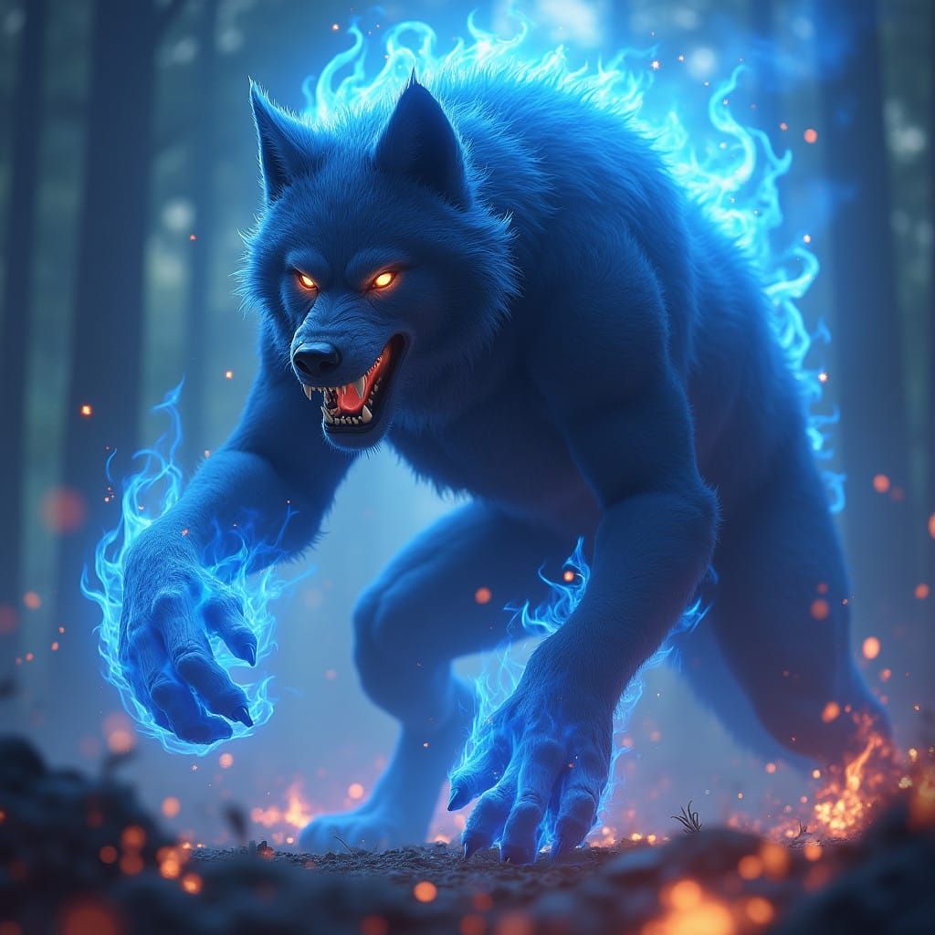 A very powerful werewolf wreathed in blue flames