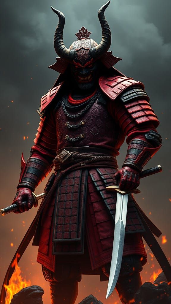 Ethereal Oni Samurai Warrior in Dark Fantasy Armor - AI Art