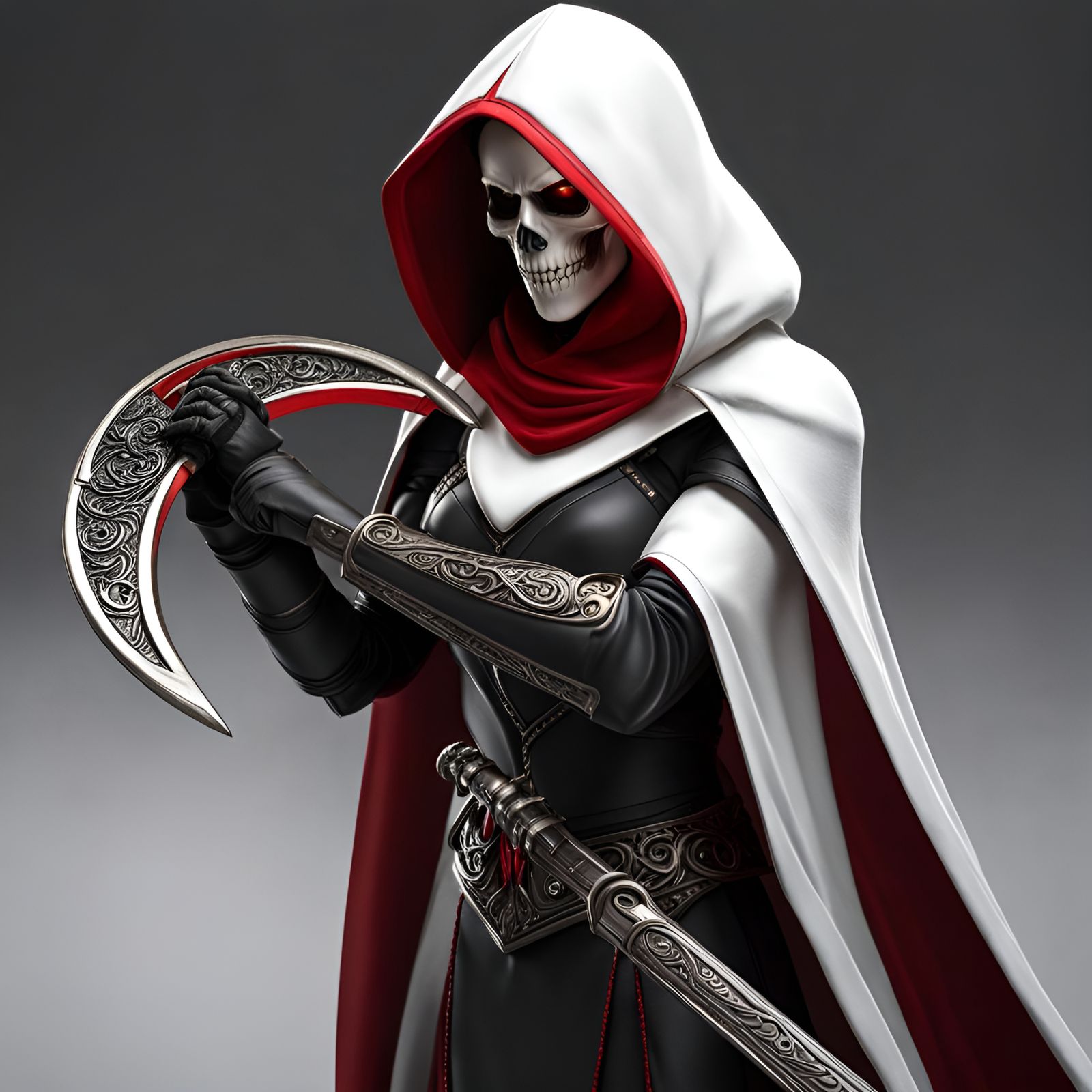 HOODED EVIL DEMONESS, RED EYES, SKULL FACE, WHITE HOODED CLOAK ...