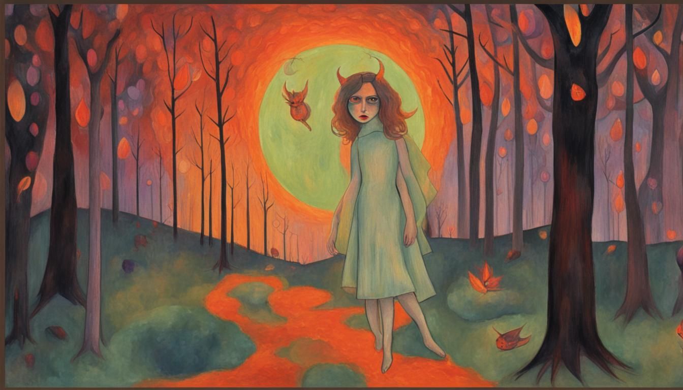 A demon girl walking out of a fire in the woods. A halo shines behind ...