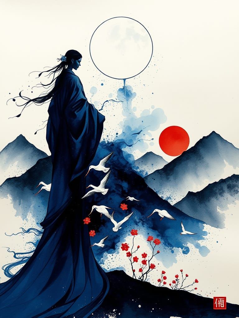 Ink portrait - Ethereal Ink Figure Under the Calligraphic Mo...