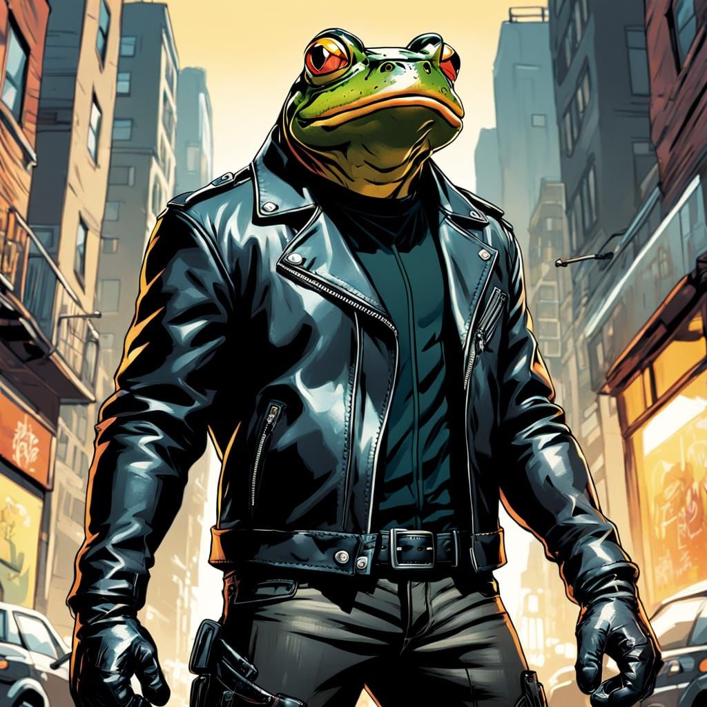 Tough Frog in a Black Biker Getup - AI Art