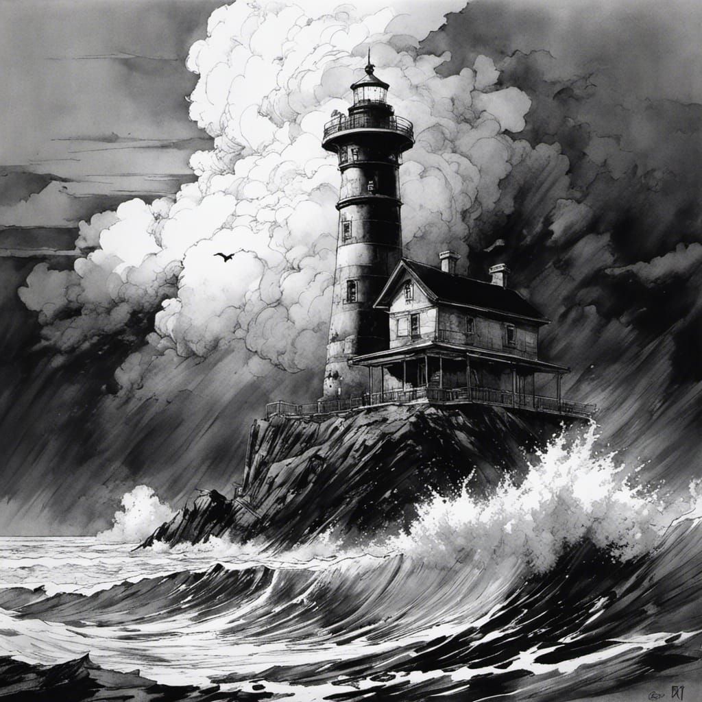 "Black and white ink drawing of The haunted centered lighthouse ...