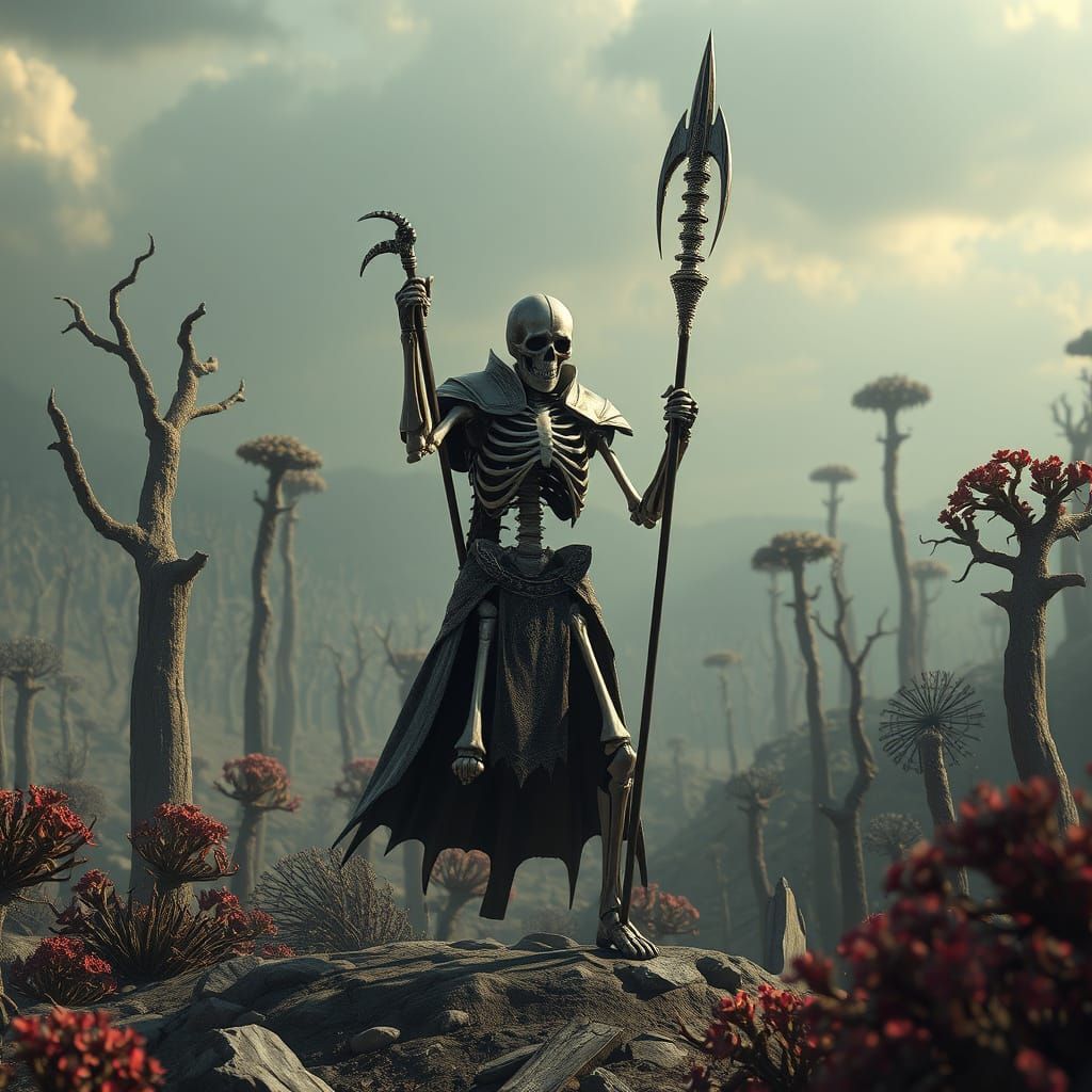 Skeleton Knight in Dystopian Landscape, Digital Ar... - AI Art