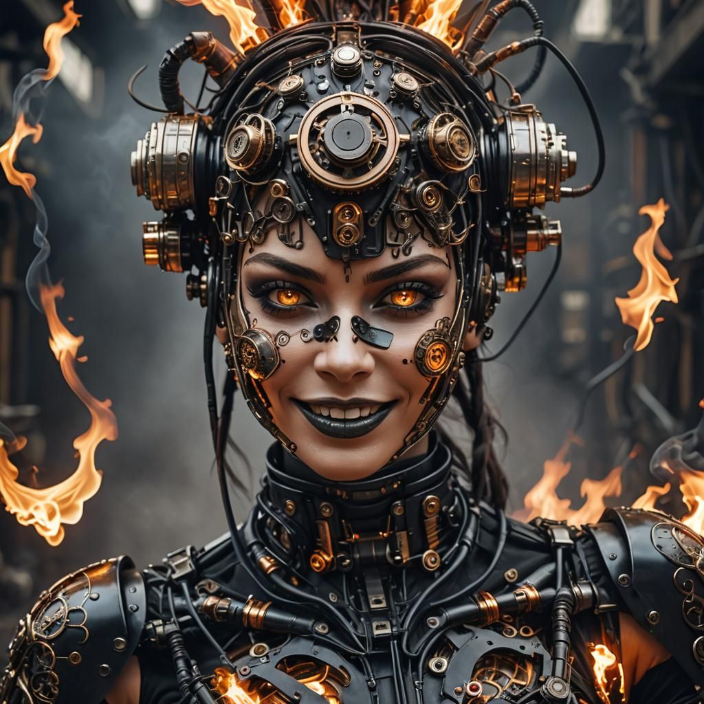 A steampunk humanoid cyborg girl made of circuits, gears, cables etc ...