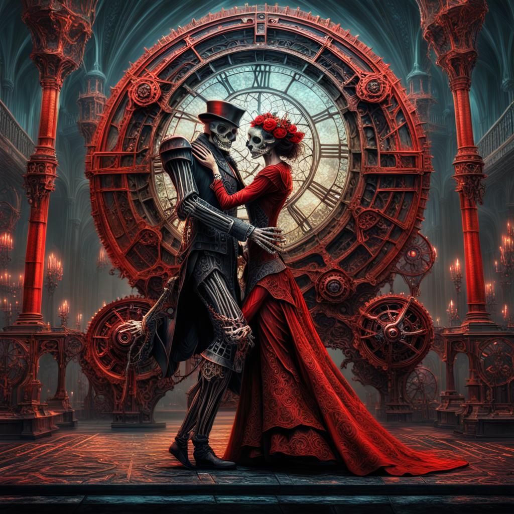 skeleton beautiful couple lovers dancing, red gothic elements ,highly detailed, futuristic art ...