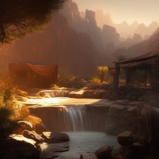desert canyon camp with springs and waterfall fantasy a masterpiece, 8k ...