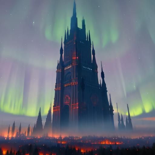 Iron towers on fire land.Misty morning. aurora - AI Generated Artwork ...