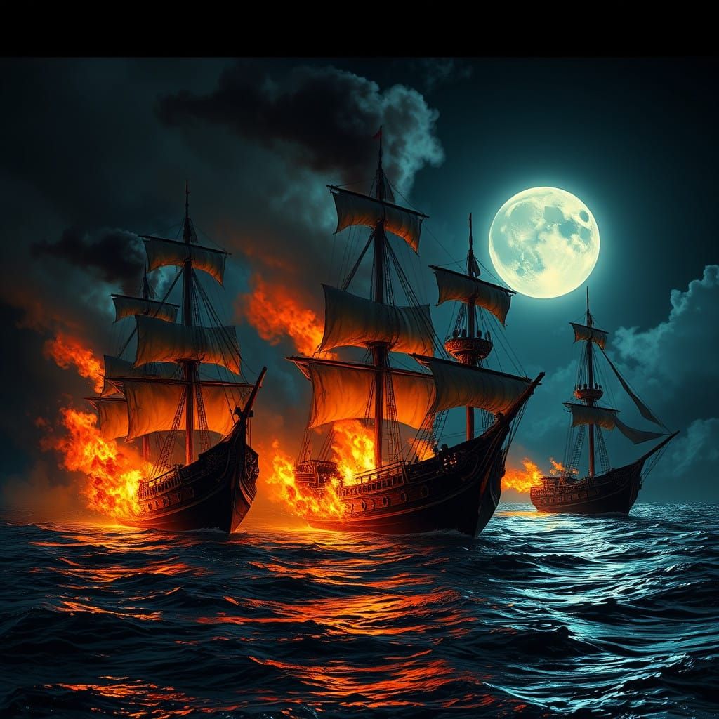 Pirate Galleons Engulfed in Flames Under a Moonlit... - AI Art
