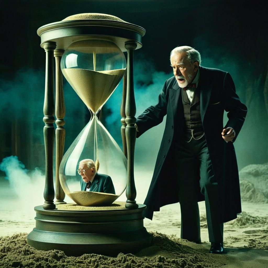 symbolist art, a giant hourglass with an old man inside, the scared ...
